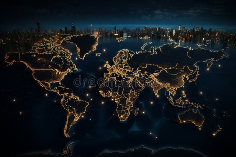 World Map with Lights on it in the Dark Night. Generative AI Stock ...