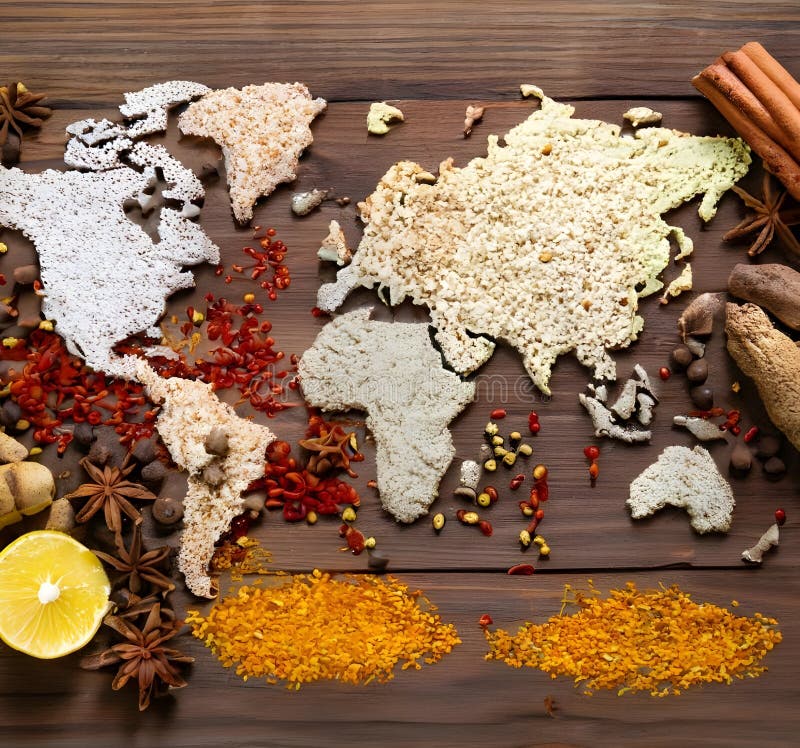 Map of World Made from Different Kinds of Spices on Wooden Background ...