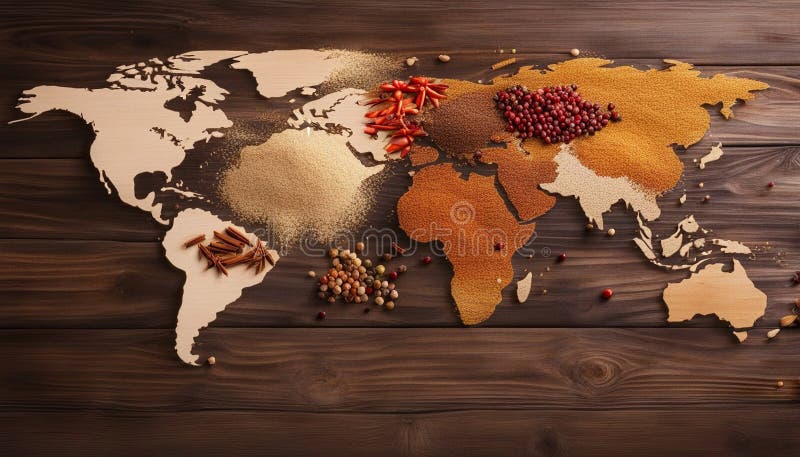Map of World Made from Different Kinds of Spices on Wooden Background ...