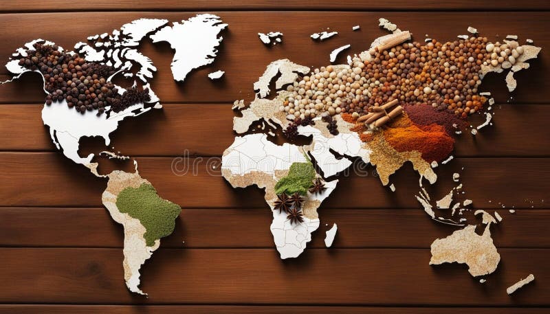 Map of World Made from Different Kinds of Spices on Wooden Background ...