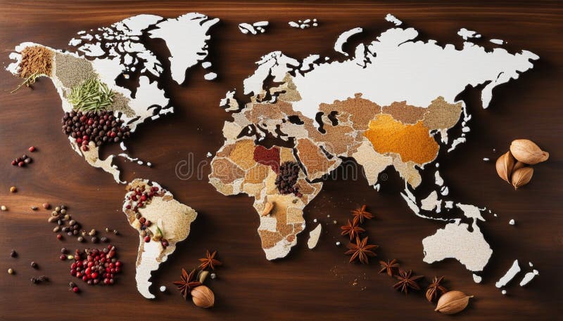 Map of World Made from Different Kinds of Spices on Wooden Background ...