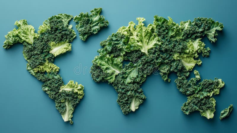 Map of the World Made with Kale Leaves on Blue Background, Creative ...