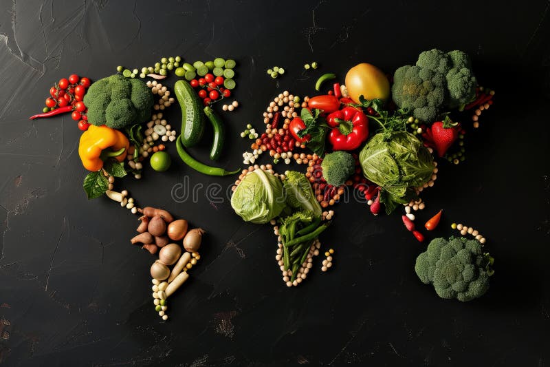 Map of the World Made of Many Sorts of Raw Vegetables on Black ...