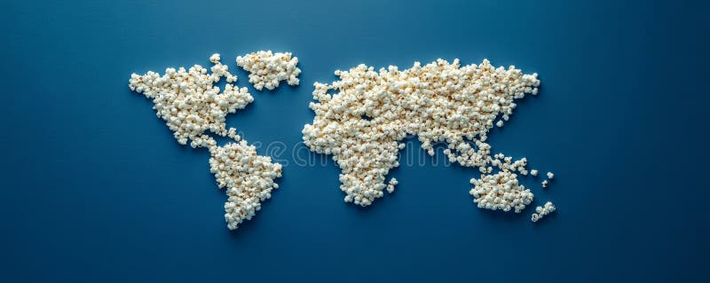 Map of the World Made of Popcorn on Blue Background Stock Image - Image ...