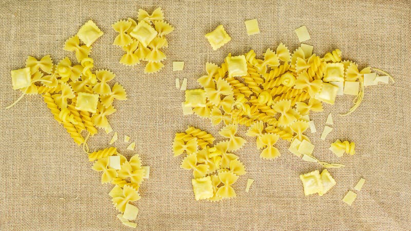 Map of the World Made of Raw Pasta on Fabric Background Stock Photo ...