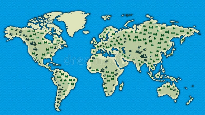 Map of the World with Mountains and Trees Stock Vector - Illustration ...