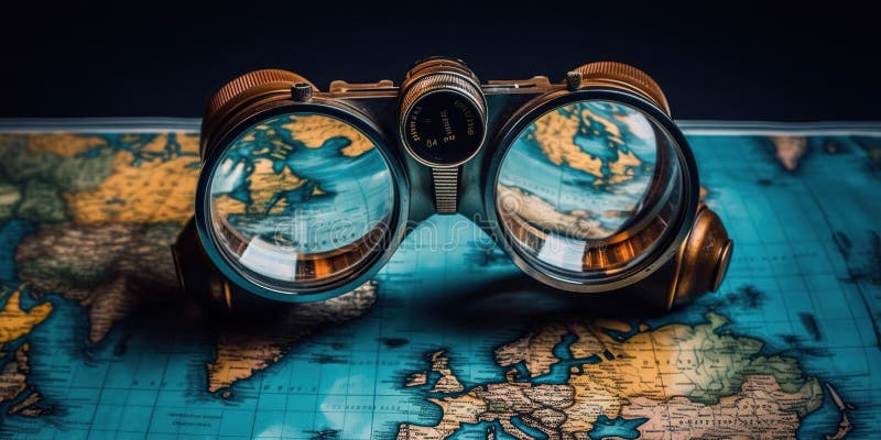 Map of the World is Reflected in the Lenses of Binoculars, Concept of ...