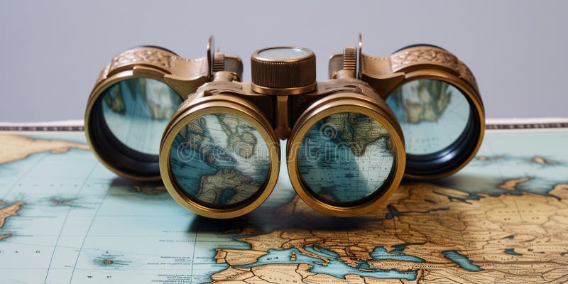 Map of the World is Reflected in the Lenses of Binoculars, Concept of ...