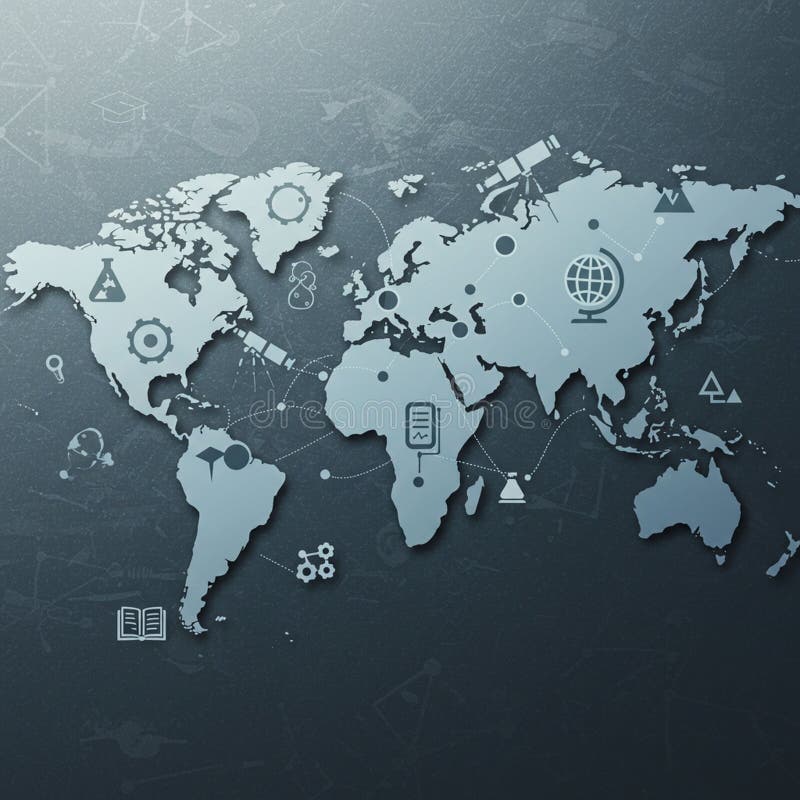 Map of the World with Scientific Icons Overlaying Each Continent ...