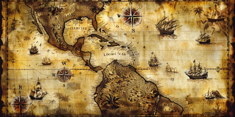 A Map of the World with Ships Sailing Across the Oceans Stock Photo ...