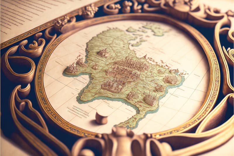 A Map of the World is Shown in a Gold Frame on a Table Top with a Book ...
