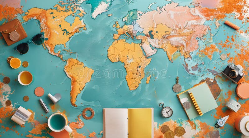 A Map of the World is Spread Out on a Table with Various Items Such As ...
