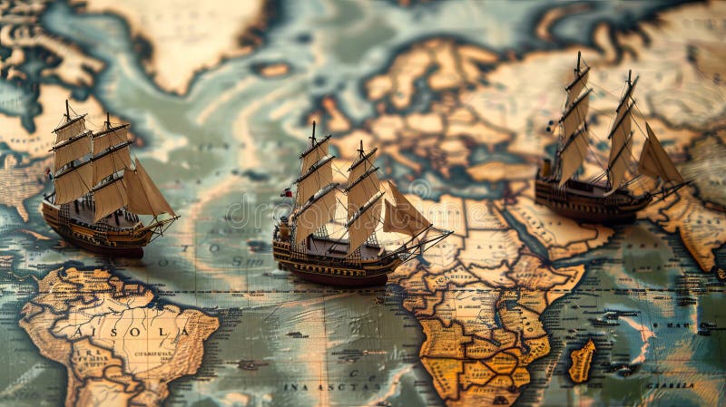 On a Map of the World Stand Figures of Three Sailing Ships. Stock ...