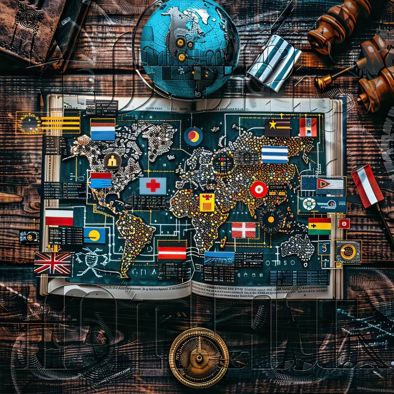 A Map of the World is Surrounded by Various Flags and a Globe at Its ...