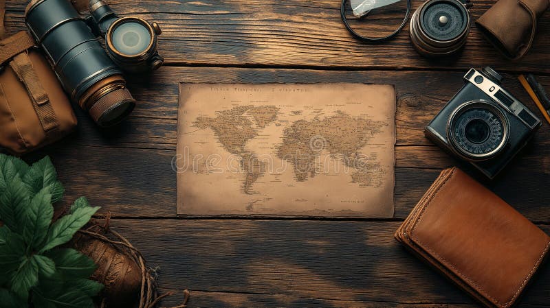 A Map of the World is on a Table with a Camera, a Pair of Binoculars ...