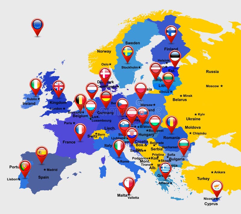 Mapa da UE com 28 ícones ilustração do vetor. Ilustração de pinos ...