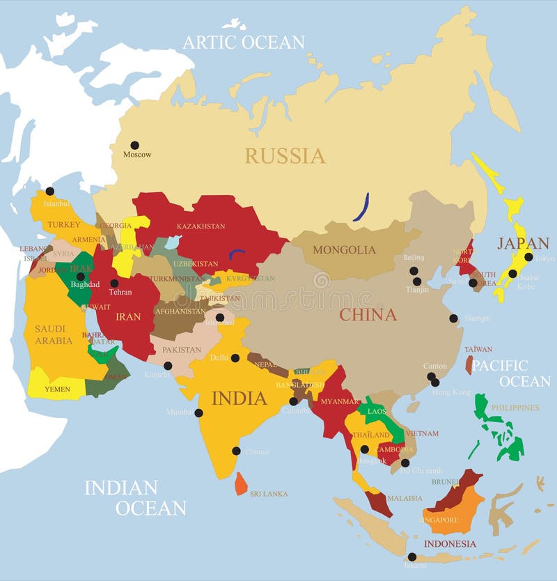 Mapa Político De Ásia Com Nomes Ilustração do Vetor - Ilustração de ...
