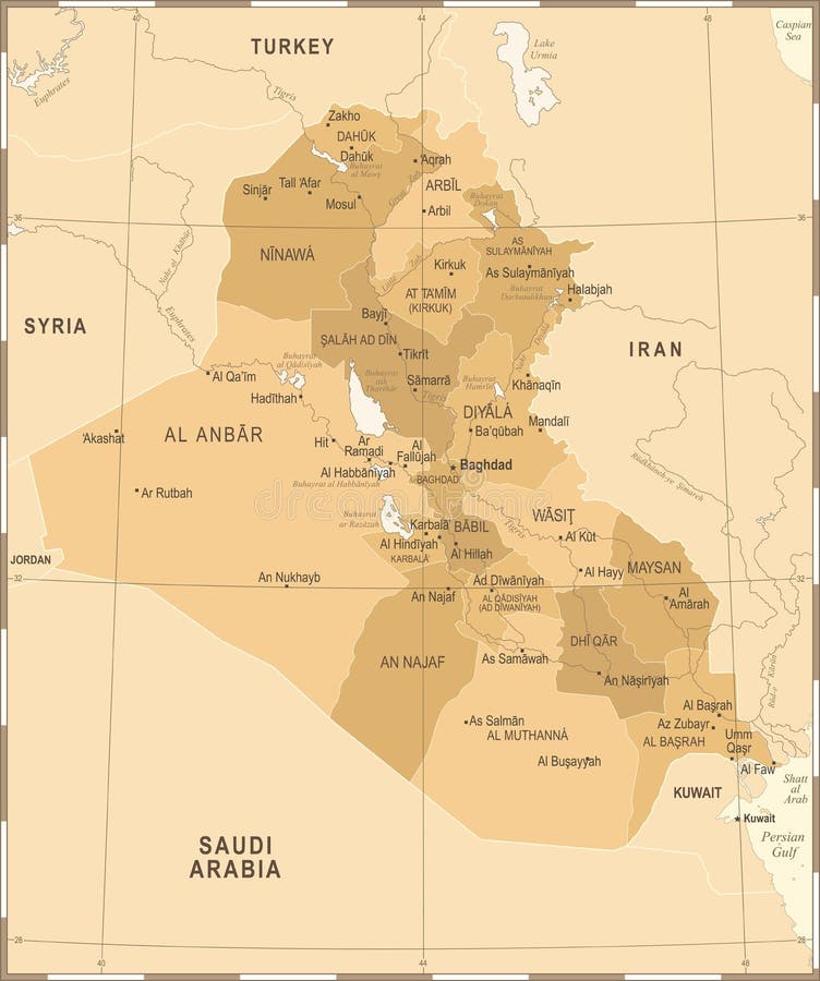 Mapa De Iraq - Ejemplo Detallado Del Vector Del Vintage Stock de ...