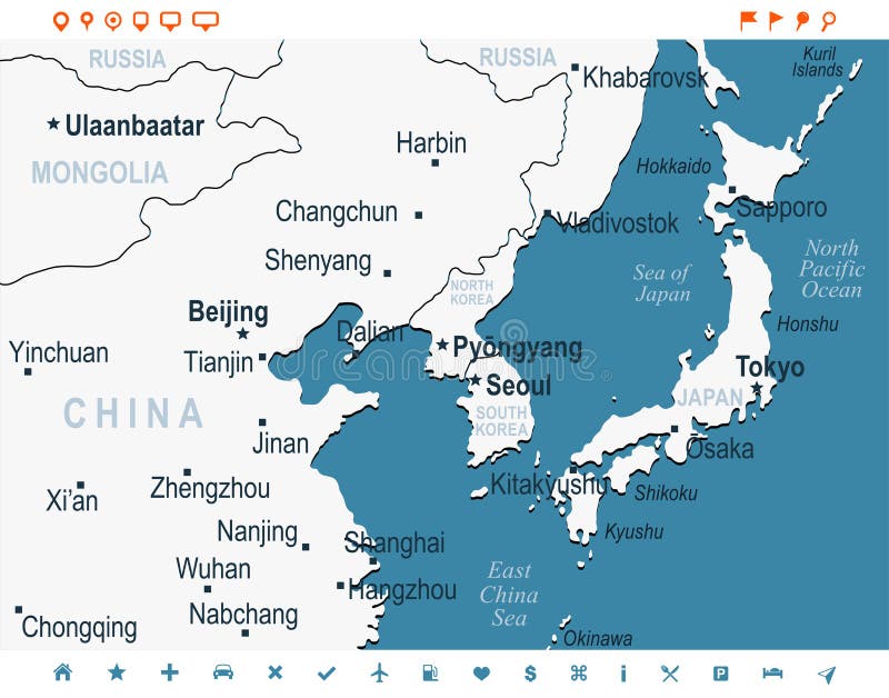 Japón, Corea Del Norte Y Mapa Político De La Corea Del Sur Ilustración ...