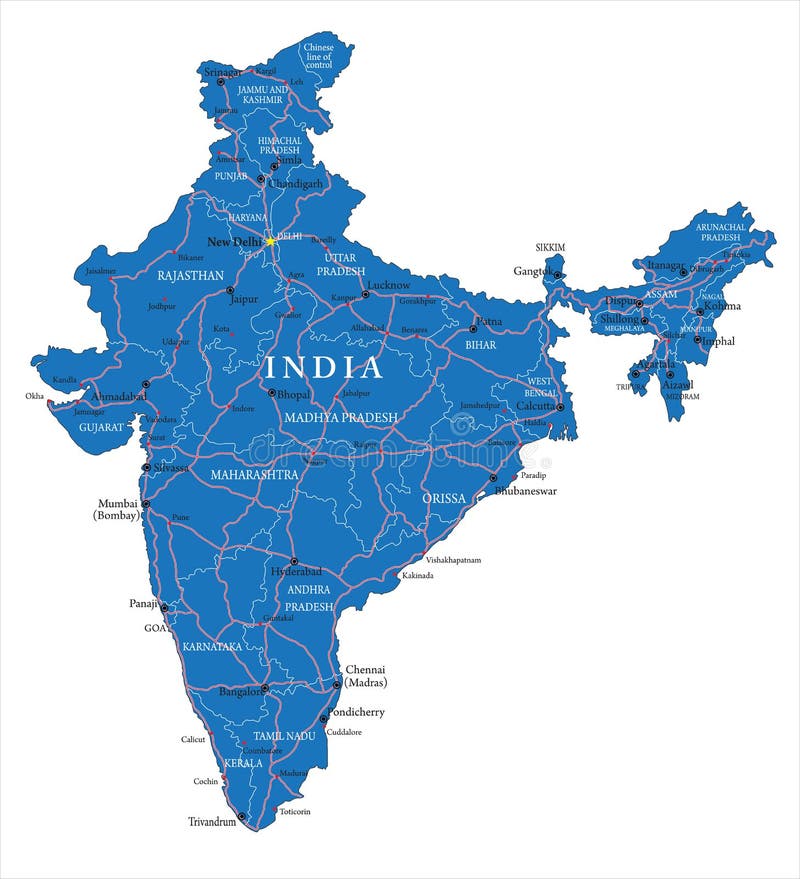 El Mapa Detallado De La India Con Regiones Y Sri Lanka Ilustración del ...