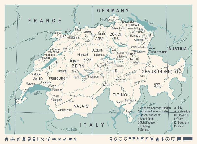 Mapa De Suiza - Ejemplo Del Vector Del Vintage Stock de ilustración ...