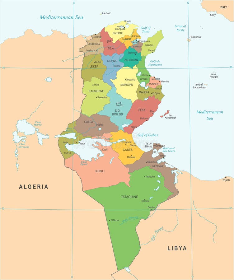 Mapa De Túnez. Regiones De Ciudades. Vector Stock de ilustración ...