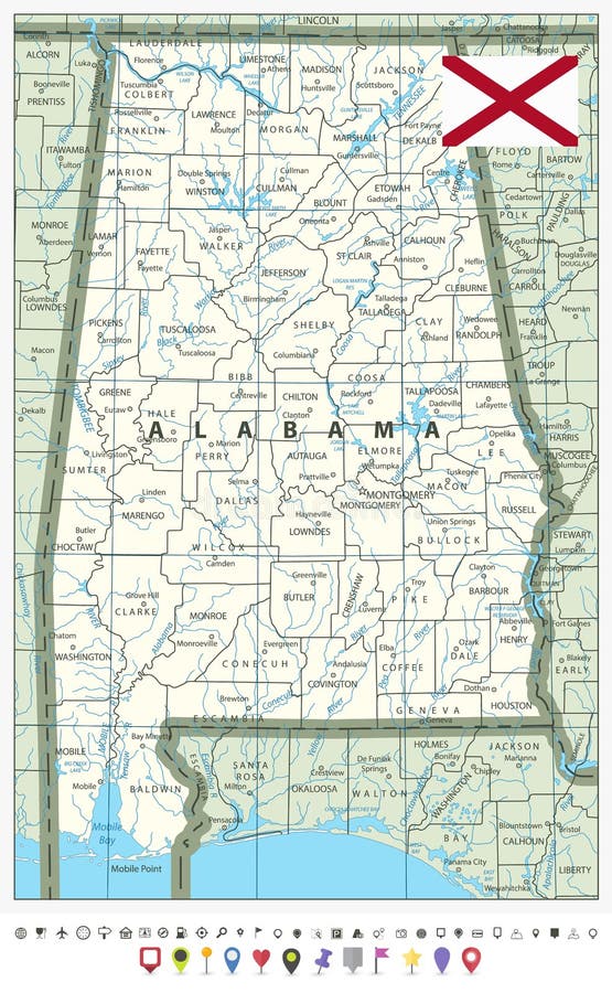 Mapa Del Estado De Alabama E Indicadores Del Mapa Ilustración del ...