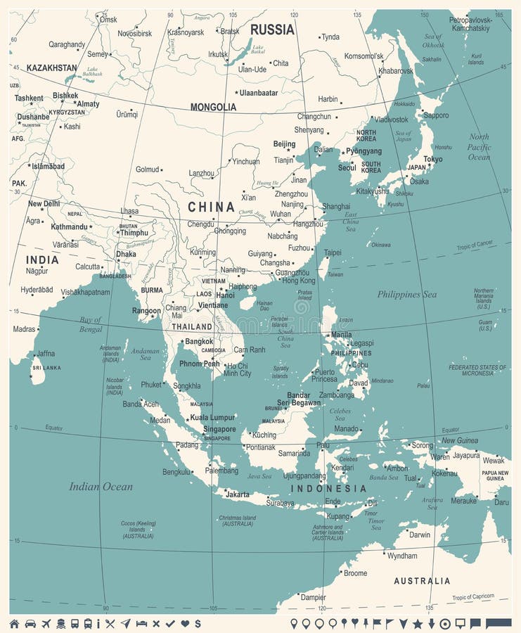 Mapa Del Este De Asia - Ejemplo Del Vector Del Vintage Stock de ...