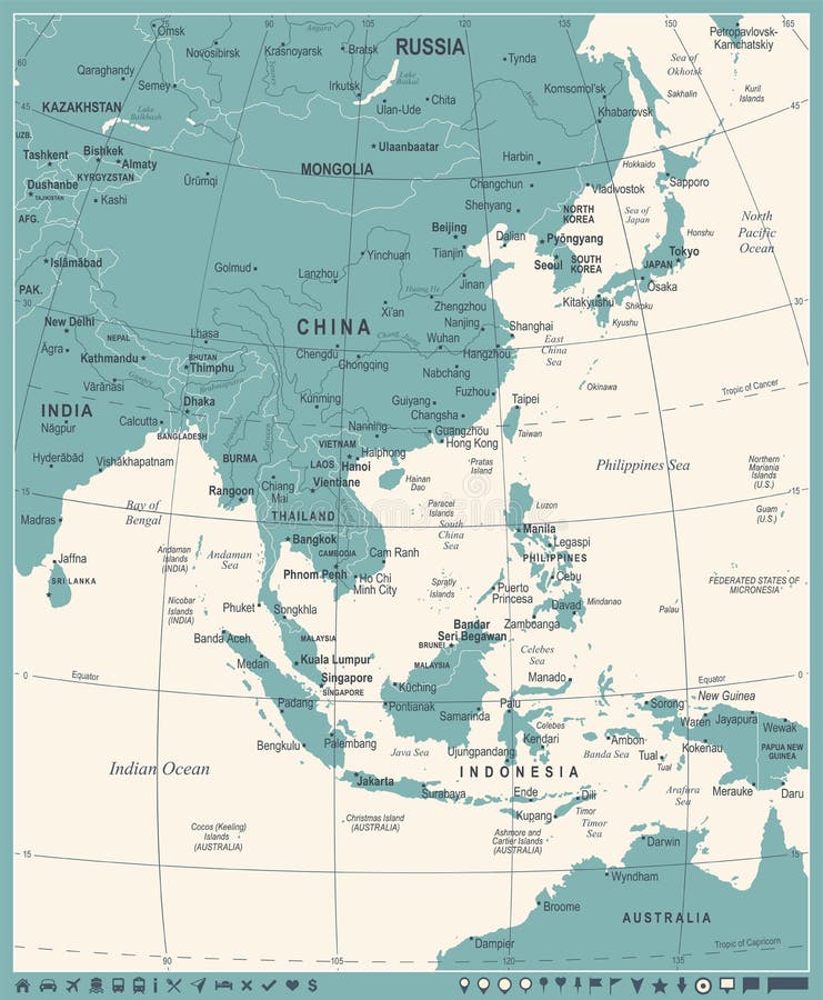 Mapa Del Este De Asia - Ejemplo Del Vector Del Vintage Stock de ...