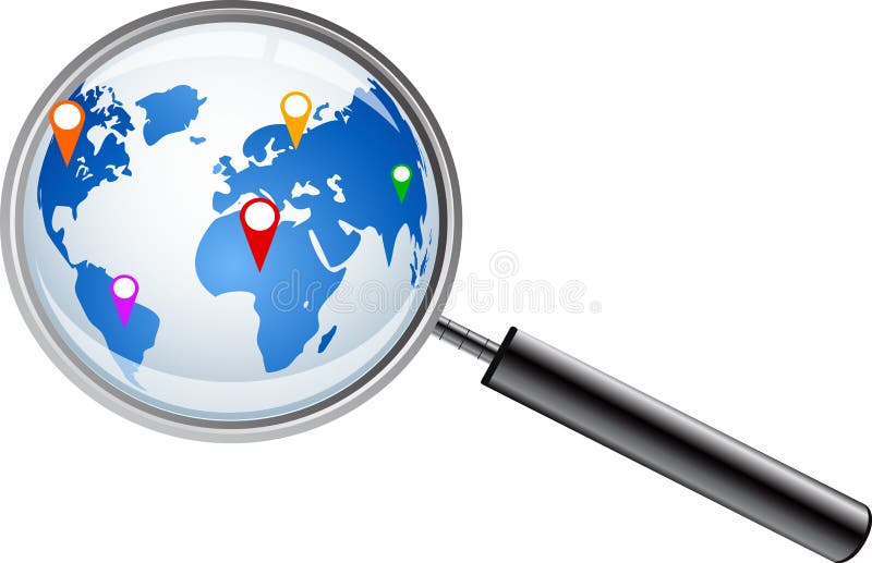 Mapa del mundo con la lupa ilustración del vector. Ilustración de ...