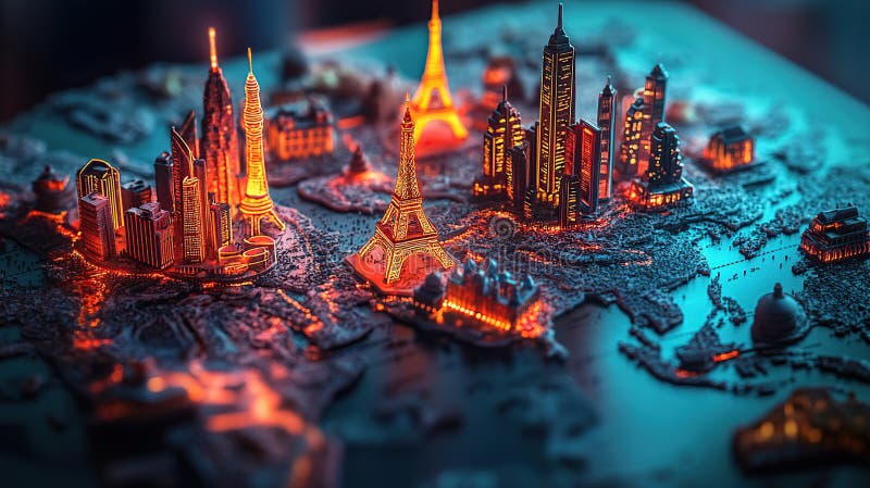 Mapa Del Mundo Iluminado Con Monumentos En 3D Imagen de archivo ...