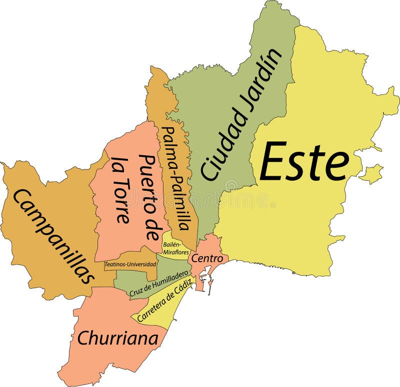 Mapa Dos Distritos De Malaga Espanha Ilustração do Vetor - Ilustração ...