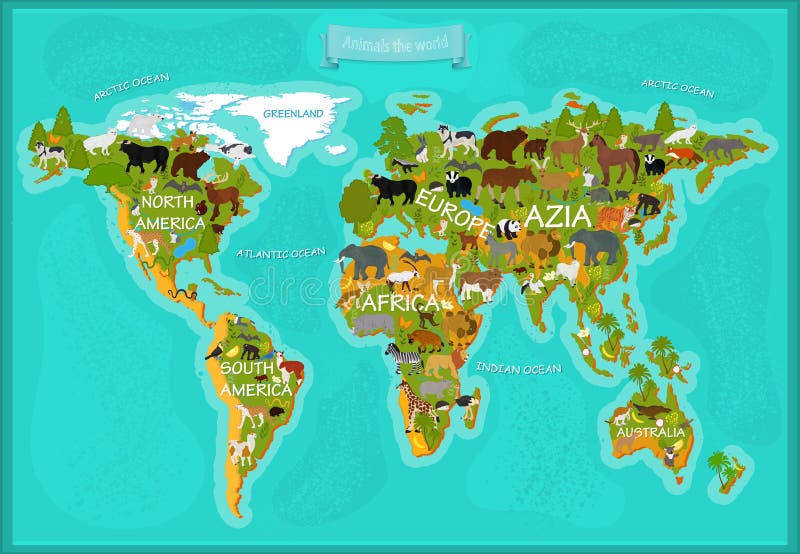 Mapa Dos Mundos Animais Com Os Nomes Dos Continentes Ilustração do ...