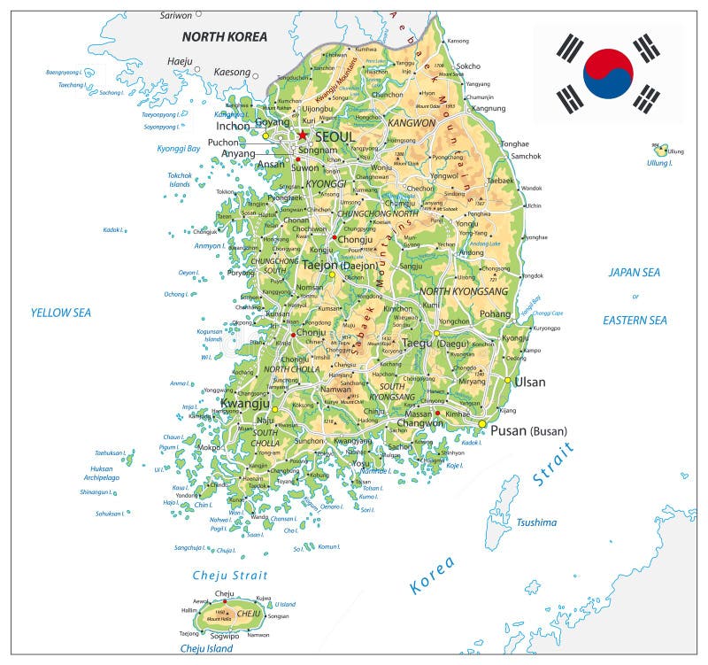 Mapa Físico De La Corea Del Sur Ilustración del Vector - Ilustración de ...
