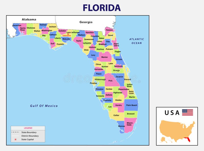 Mapa Florida. Mapa Político Da Florida Nos Eua. Mapa Distrital Com Os ...