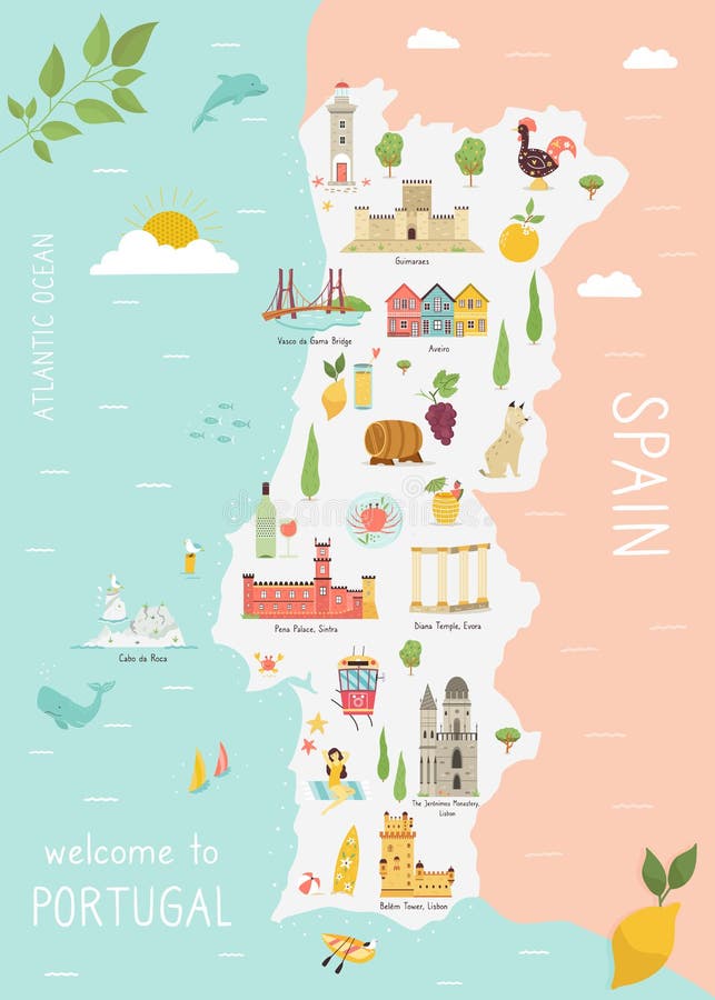 Mapa Ilustrado De Portugal Con Iconos, Ciudades Ilustración del Vector ...
