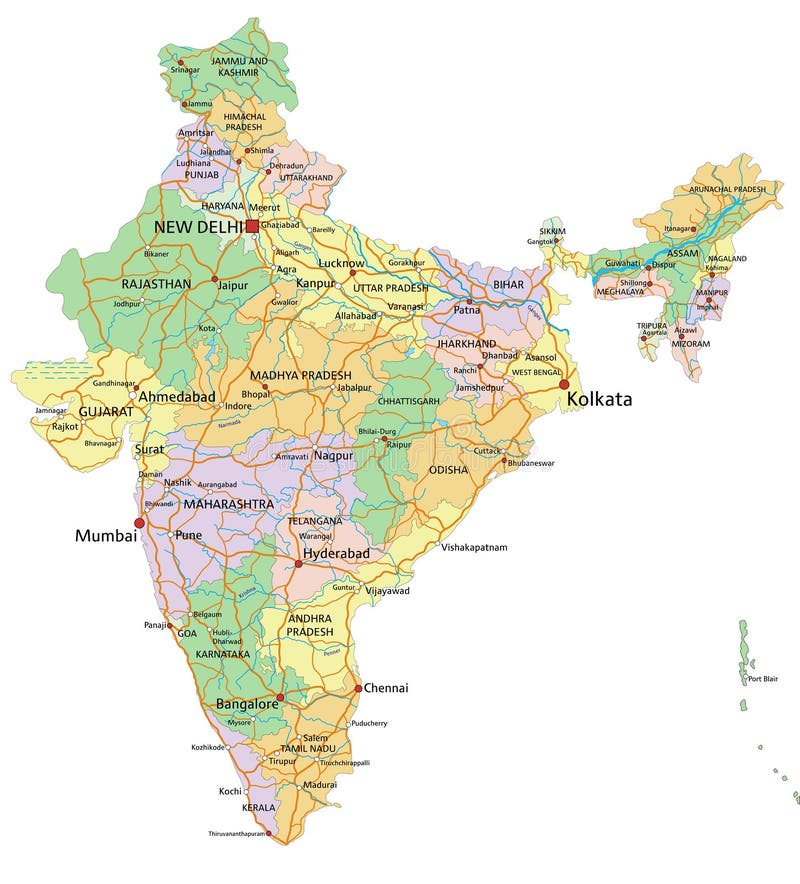 Mapa Político Editable De India Con Etiquetas. Ilustración del Vector ...