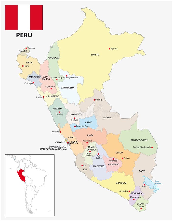 Mapa Administrativo De Perú Con La Bandera Ilustración del Vector ...