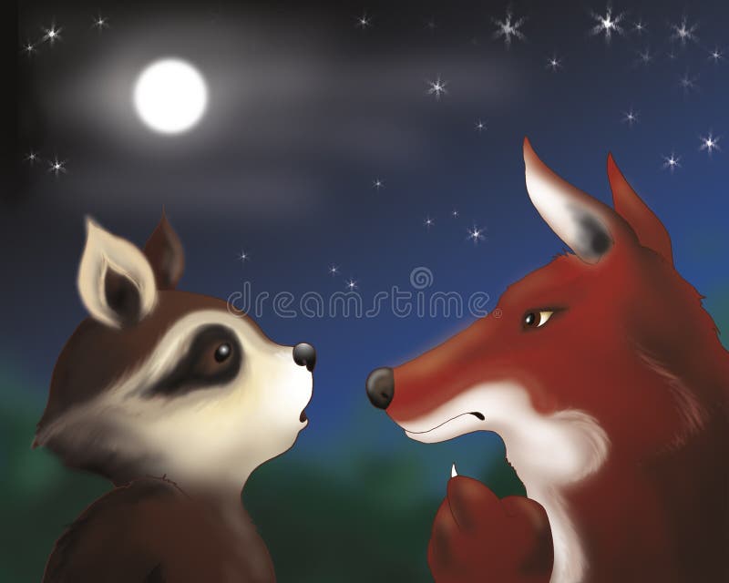 Mapache y zorro por noche stock de ilustración. Ilustración de ...