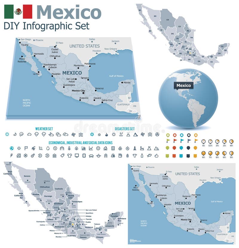Mapas Dos Estados Mexicanos Unidos Com Marcadores Ilustração do Vetor ...