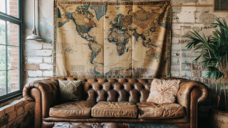 A Mapinspired Tapestry Hangs Above a Vintage Leather Sofa Featuring a ...