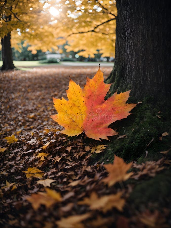 A Maple Leaf Falling Under a Tree Stock Illustration - Illustration of ...