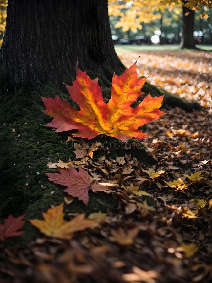 A Maple Leaf Falling Under a Tree Stock Illustration - Illustration of ...