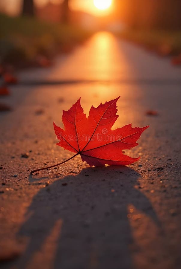 Maple Leaf on Pavement with Glowing Sunset in Background AI-GENERATED ...