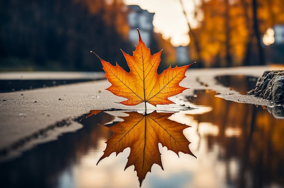 Maple Leaf on the Road with Its Reflection on Water Stock Illustration ...