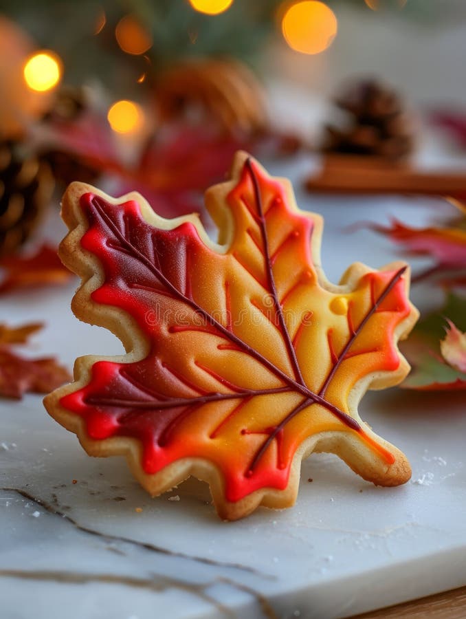 A Maple Leaf-shaped Cookie with Autumn-themed Icing Decoration. Stock ...