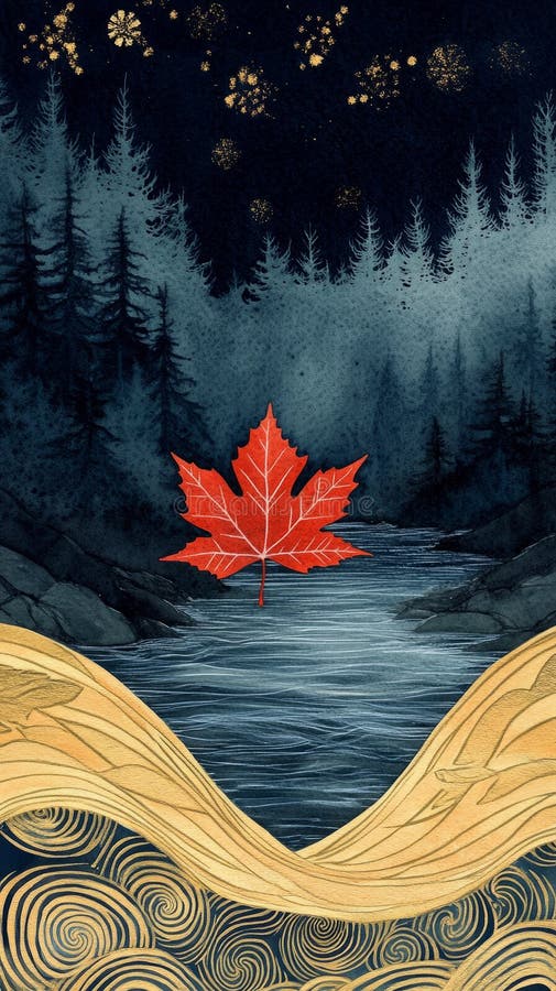 Maple Leaf on a Starry Night River Stock Illustration - Illustration of ...