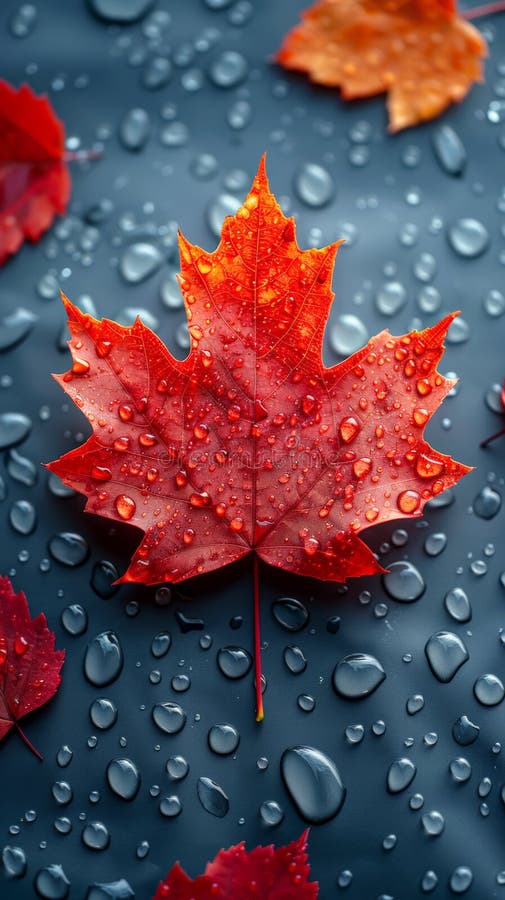 Maple Leaf with Water Droplets on a Dark Surface, Ideal for Autumn and ...