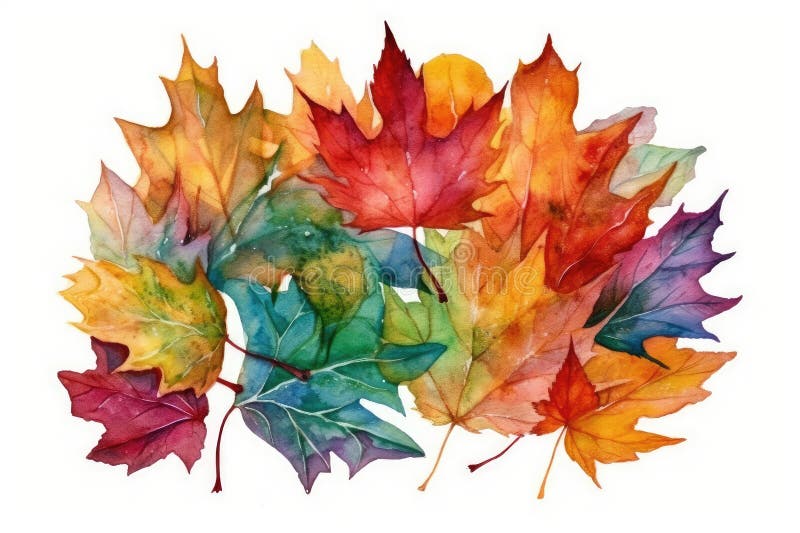 Close Up Watercolor Multicolor Tree Maple Leaves Background. High ...