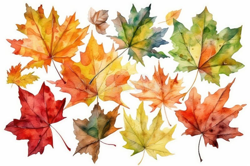 Close Up Watercolor Multicolor Tree Maple Leaves Background. High ...